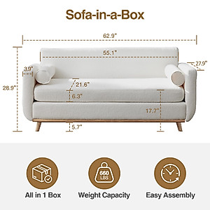 63" W Loveseat Sofa,White Boucle Couch with LED Lights and USB Ports Modern Fluffy Love Seat Couches 2 Seater Comfy All-Wood Washable Covers Sofa Furniture for Bedroom Living Room Small Space Office