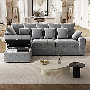 P PURLOVE Modern Sectional Sofa with Convertible Ottoman, Chenille 4-Seat L-Shape Couch with Pillows for Living Room, Apartment, Office, 3 USB Ports (Grey)