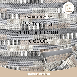 Y-PLWOMEN Quilts Queen Size - 100% Cotton Brown Grey Queen Quilt Farmhouse Plaid Quilted Bedspread, 3 Pieces Lightweight Reversible Queen Size Quilt Bedding Set for All Season