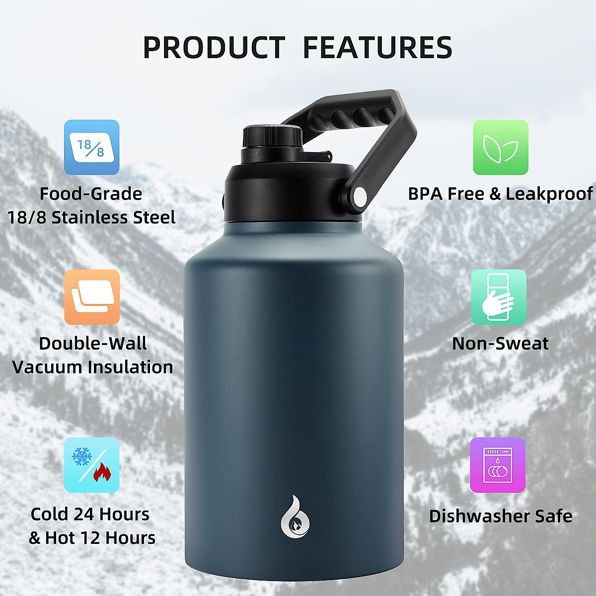 BJPKPK One Gallon(128 oz) Insulated Water Bottle, Dishwasher Safe Stainless Steel Thermos, BPA Free Jug with Ergonomic Handle & Anti-slip Bottom, Large Water Bottle, Navy Blue