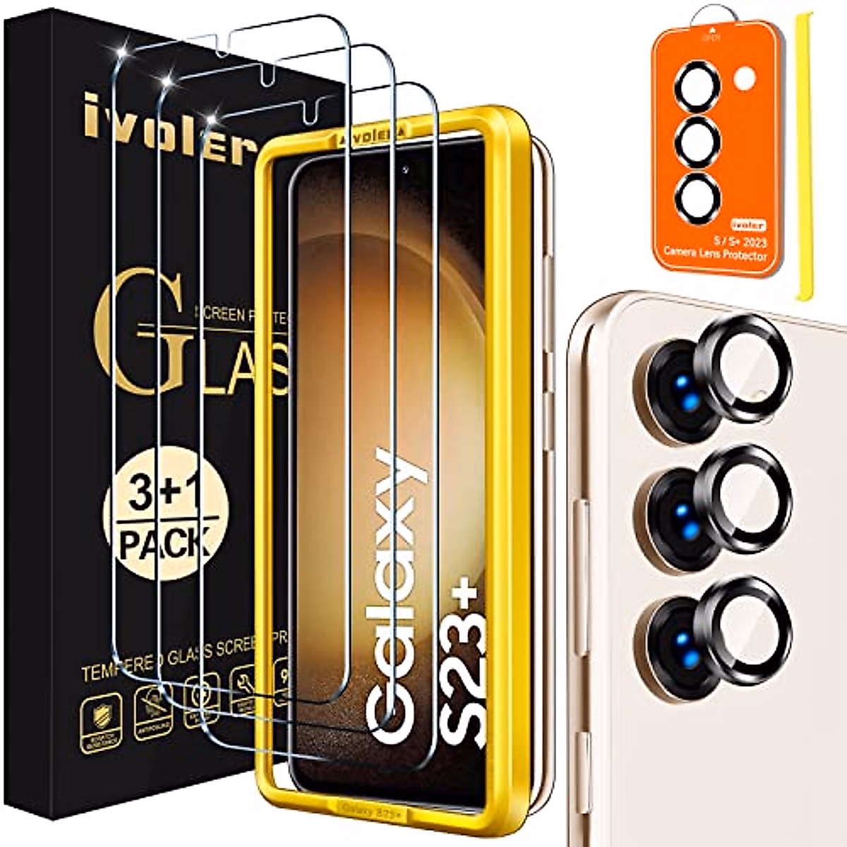 ivoler [3+1 Pack Screen Protector [3 Pack] for Samsung Galaxy S23 Plus/ S23+ 5G 6.6" 2023, with [1 Pack] Camera Lens Protector Tempered Glass with [Alignment Frame] Ultra HD Clear Anti-Scratch