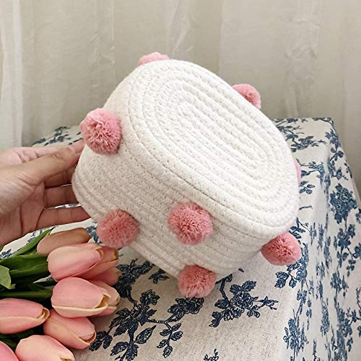 Ctzrzyt Quata Cotton Woven Storage Basket Cute Pompom Decor Sundries Finishing Box Cosmetic Toys Organizer Frame Pink S