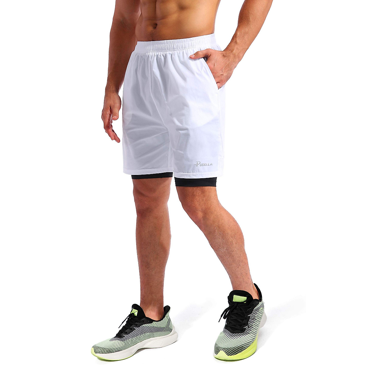 Pudolla Men’s 2 in 1 Running Shorts 7" Quick Dry Gym Athletic Workout Shorts for Men with Phone Pockets(White Medium)