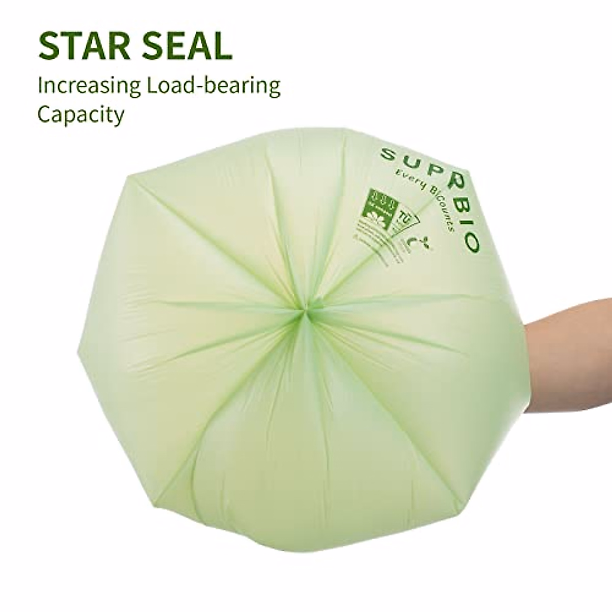 SUPERBIO 1.6 Gallon Compostable Handle Tie Garbage Bags, Small Trash Bags With Handles for Countertop Bin US BPI & Europe OK Compost Certified (Green, 50 Count (Pack of 1))