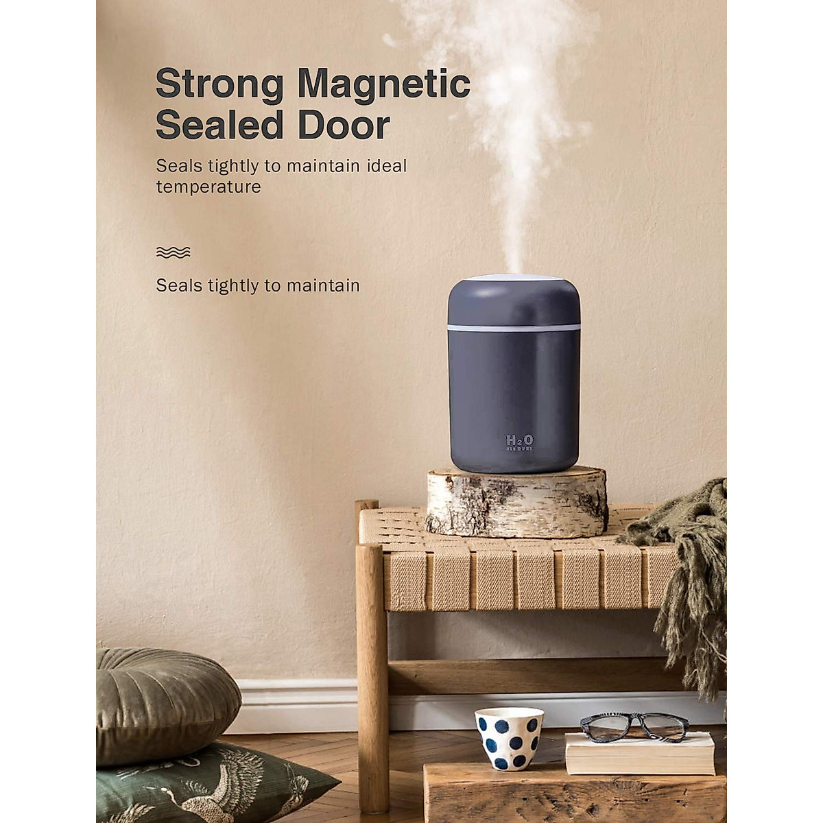 Kamon 300ml Mini Ultrasonic Cool Mist Humidifier, 7 Color LED Night Light, 2 Mist Mode, Auto Shut-Off for Car, Home, Office, Travel (Grey)