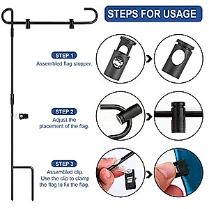 Garden Flag Stand, Premium Garden Flag Holder, Black, Metal Powder-Coated Weather-Proof Paint, with Anti-Wind Clip and Stoppers, for National Flags, Yard Flags, Decorative Signs, Up to 15" in Width