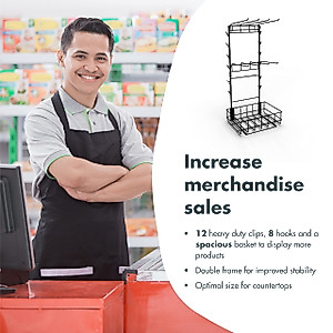 DS THE DISPLAY STORE Retail Display Rack, 12 Clips & 8 Peg Hooks Matte Black Countertop Snack Stand Organizer For Retail Store Supplies, Merchandise & Snack Display Stand, 9.76x11.18x23.58