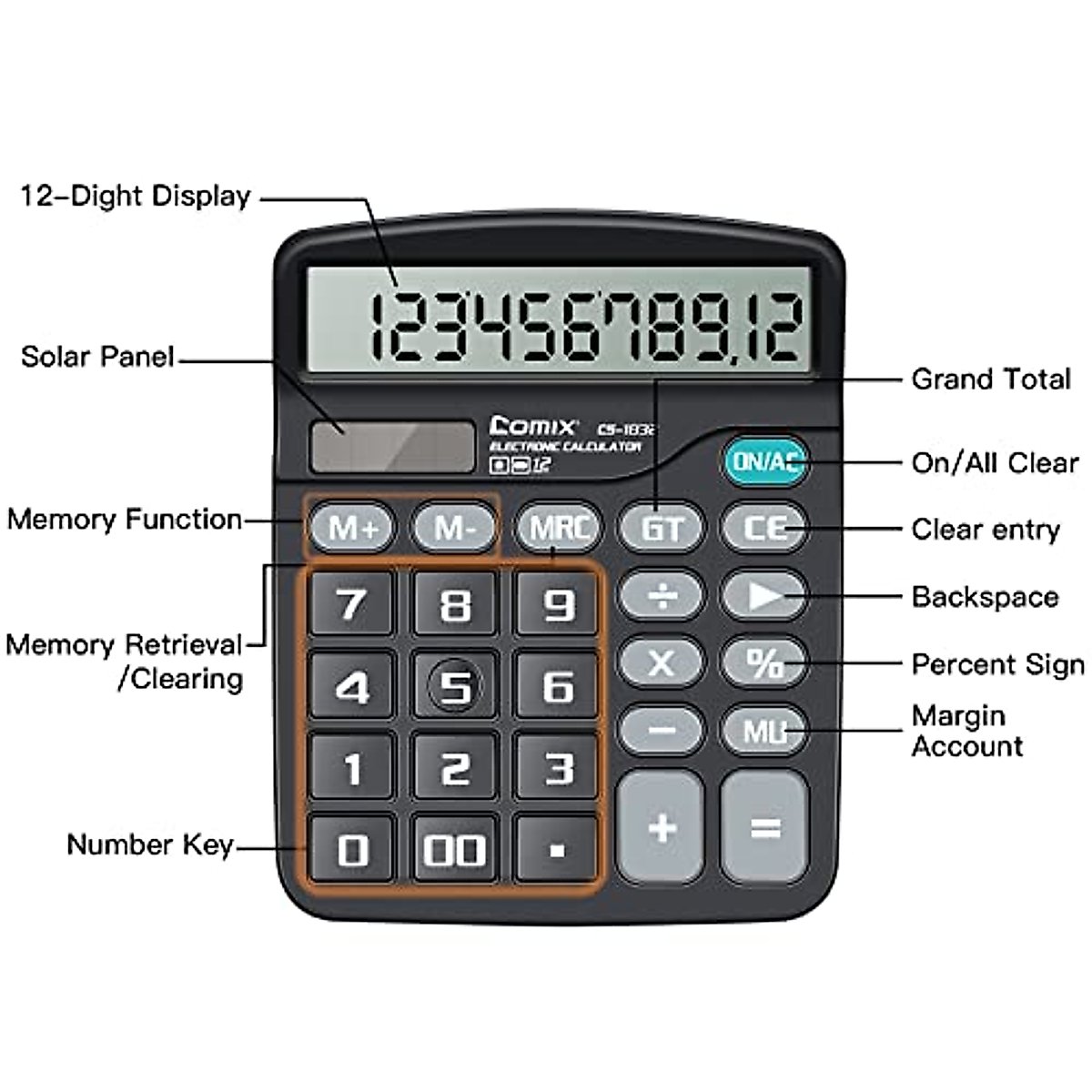 Comix Desktop Calculator 12 Digit with Large LCD Display and Big Button, 12 Digits Baisc Calculator, Solar Battery Dual Powered, for Office Home School C-1832 (Black)