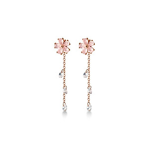 Dainty Cherry Blossoms Dangle Stud Earrings S925 Sterling Silver for Women Girls Rose Gold Pink Crystal CZ Diamond Dangling Charm Flower Leaf Threader Earring Ear Jackets Cute Jewelry Gifts Bridesmaid