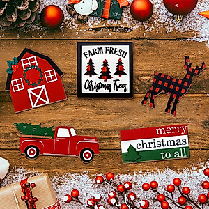 Guoofu Christmas Tiered Tray Decor, Farmhouse Tray Decorations Indoor, Merry Christmas Deer Truck Winter Wooden Signs, Rustic Christmas Decor for Kitchen Home Table Mantel Office Holiday Party