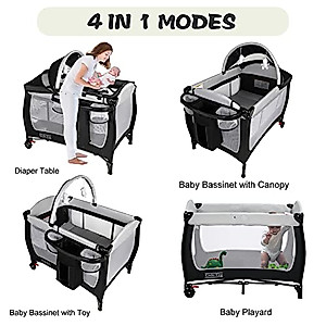 Kinder King 4 in 1 Portable Pack n Play, Baby Nursery Center Playard w/Bassinet, Large Playpen for Infant and Toddler, Newborn Changing Table, Adjustable Canopy, Storage Basket, Travel Bag, Black