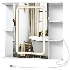 HOOBRO Bathroom Medicine Cabinet with Mirror, Wall-Mounted Cabinet with Storage, Lighted Medicine Cabinet with LED Lights, Charging Station, Adjustable Shelf, 5 Open Shelves, White