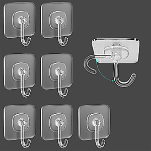 TocTen Adhesive Hook, 8 Pack Hold 30lb(Max) Heavy Duty Sticky Hooks, Damage Free Self-Adhesive Traceless Clear Wall Hooks, Waterproof and Rustproof Shower Towel Hook for Bathroom Kitchen Office