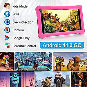 Tablet 7 inch Android 11 for Kids(Ages 3-12), 3GB RAM 32GB ROM 128GB Expand,Google Certificated, Software Pre-Installed, Bluetooth, WiFi, Dual Camera,with Shockproof Case-Pink…