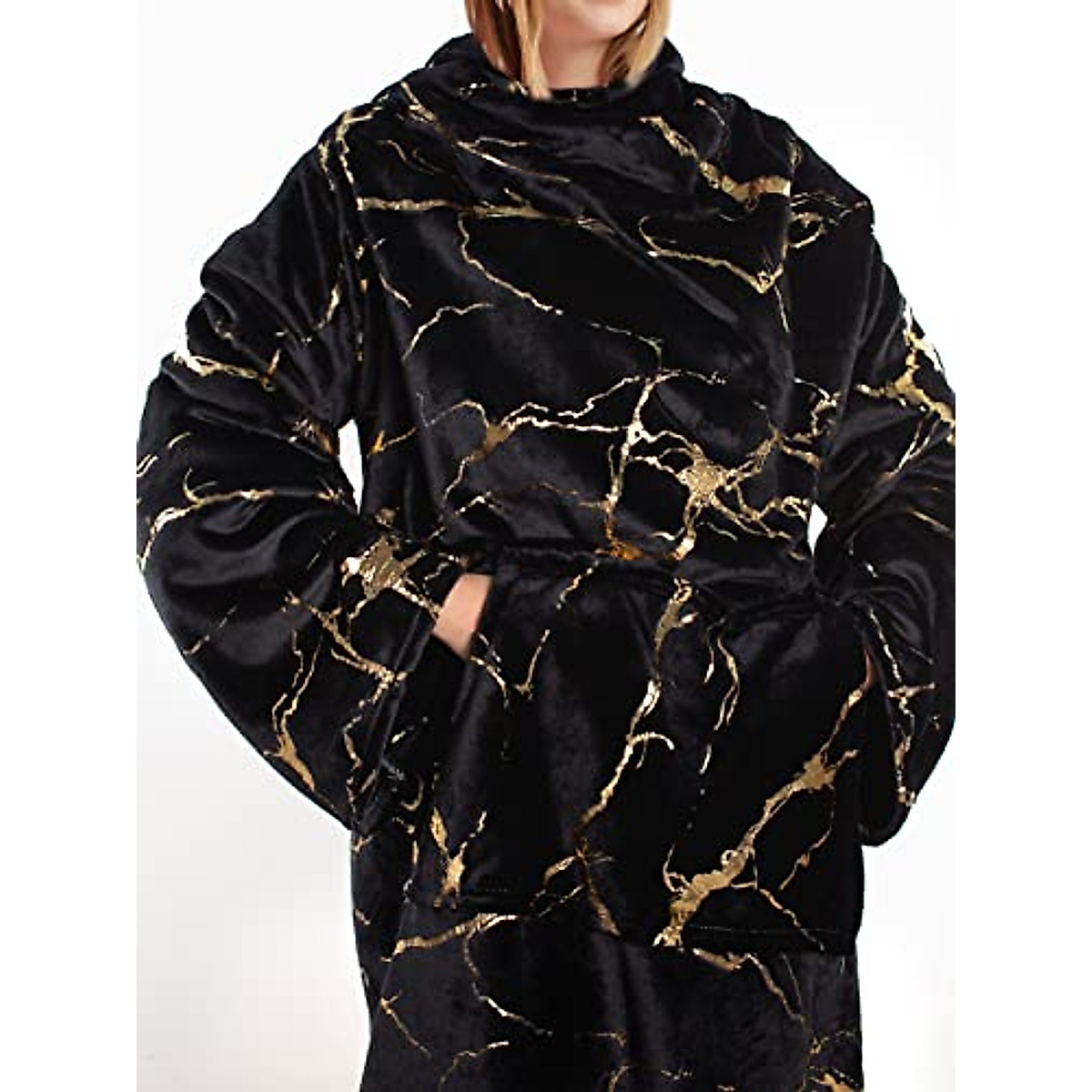 BSNTHO Black Wearable Blanket with Sleeves and Pocket for Women Men Adults，Soft Comfy Throws Blanket with Arm(Black，Pocket)