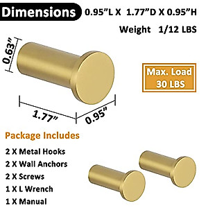 SAYAYO Gold Coat Hooks Wall Mounted, Towel Hooks for Bathrooms Mordern Robe Hooks, Heavy Duty Wall Hooks for Hanging, SUS 304 Stainless Steel 2 Packs