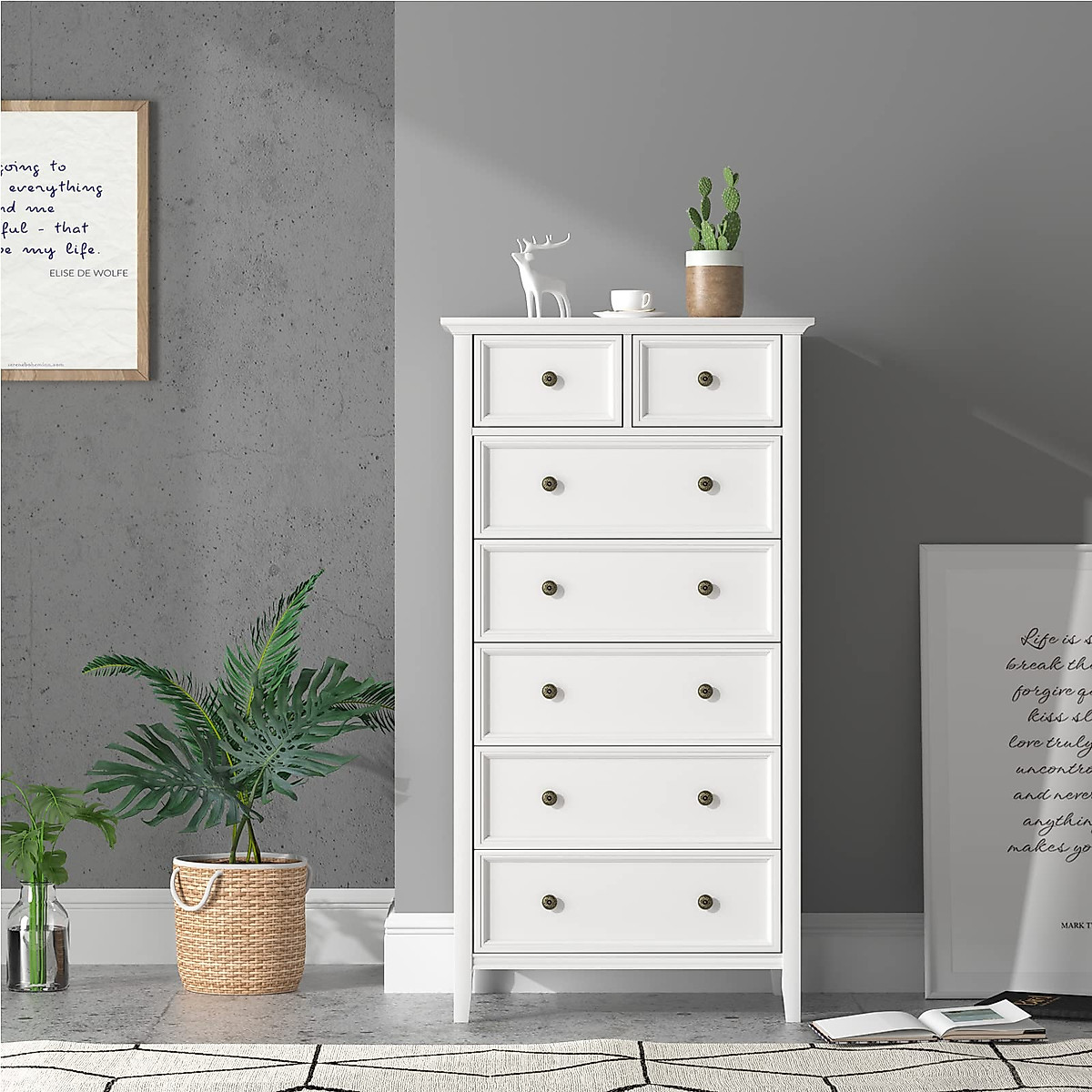 IKENO White 7 Drawer Tall Dresser, Tall Solid Wood Large Storage Cabinet, Modern Simple White Tall Chest of Drawer for Bedroom Living Room Hallway Entryway (White)