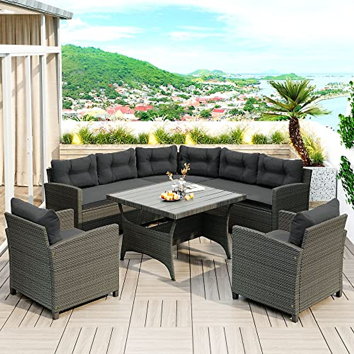 DHPM 6 Pieces Patio PE Wicker Furniture Set Outdoor Brown Rattan Sectional Conversation Sofa Chair with Storage Table and Beige Cushions, for Garden, Yard, Deck, Black