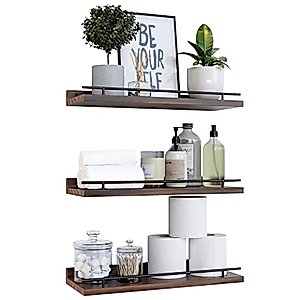 WOPITUES Floating Shelves with Black Metal Guardrail, Shelves for Wall Decor Set of 3, Wall Shelves for Bedroom, Bathroom, Kitchen, Living Room, Plants, Picture Frames, Art- Dark Brown