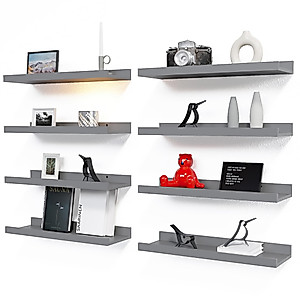 RICHER HOUSE 8 Set Floating Wall Mounted Shelves, Nursery Hanging Book Shelves with Lip for Storage, Gray Display Picture Ledge Shelf for Bedroom Bathroom Kitchen Living Room Wall Decor, Modern Grey