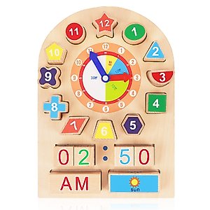 Wooden Shape Color Sorting Clock - Teaching Time Number Blocks Puzzle Montessori Toy Early Educational Time Clock Toy for Kids - Colors and Shapes Sorter for 1 2 3 Year Old Kids Fine Motor Skills
