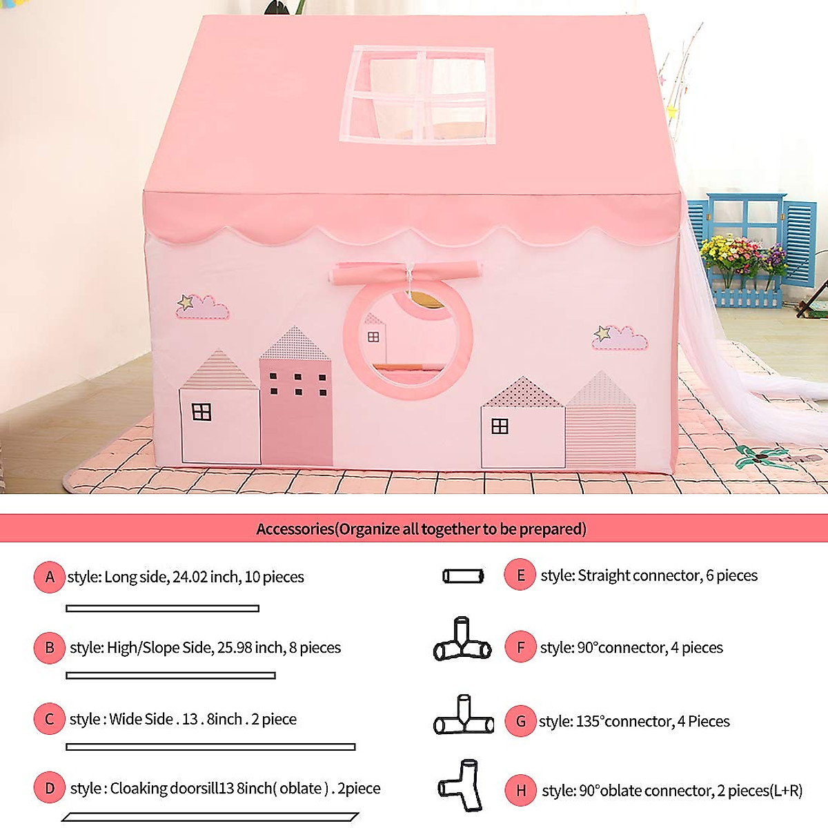 YOIKO Kids Tents Indoor Playhouses Girls 9.9Ft Star String Lights Pink Tent for Girls Upgraded Large Kids Indoor Tents and Playhouses Longer Curtain with Colorful Accessories Decoration 50.4" x 47.3"