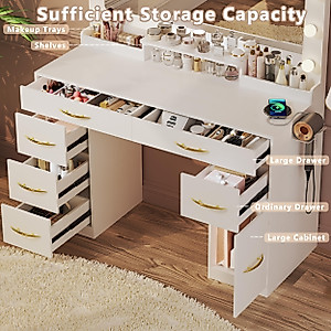 HUAHUU Makeup Vanity Desk with Lights, Vanity Desk with Large Mirror, White Vanity with Outlets Large Drawers & Storage, 3 Lighting Color Adjustable, Bedroom Dressing Table