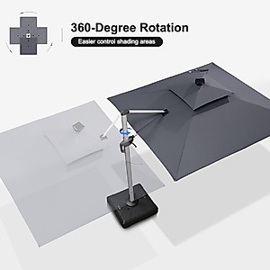 PURPLE LEAF 9 Feet Double Top Deluxe Solar Powered LED Square Patio Umbrella Offset Hanging Umbrella Outdoor Market Umbrella Garden Umbrella, Grey