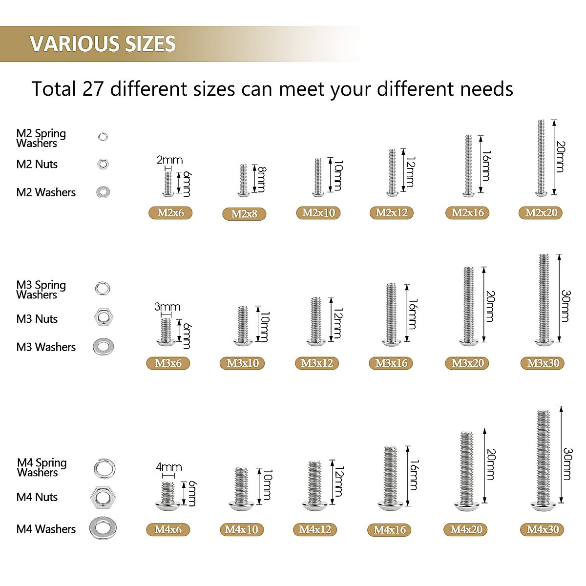 1504 Pieces Button Head Socket Cap Screws Nuts Washers Kit, Kindroufly M2 M3 M4 Screw Assortment Kit, Machine Screws, 304 Stainless Steel, Fully Machine Thread, Silver