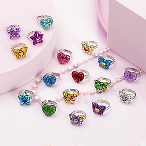 SkyWiseWin Childrens Pretend Play Jewelry Rings 30 PCS Jewelry Adjustable Ring and Festival Dress Up Flash Rhinestone Heart Rings for Kids