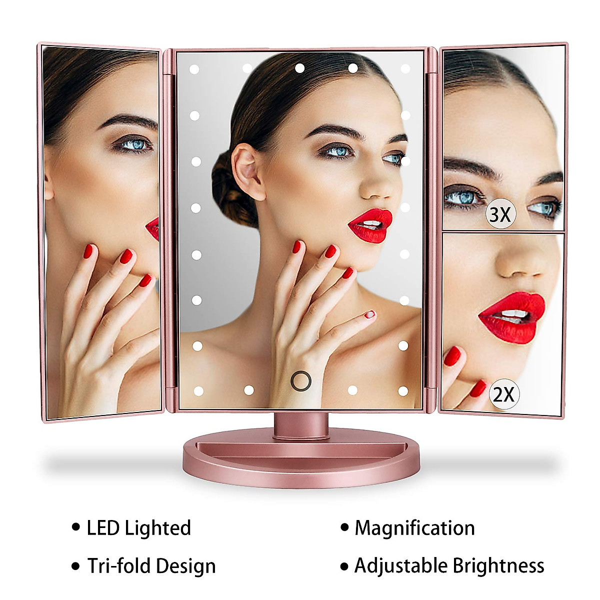 deweisn Tri-Fold Lighted Vanity Mirror with 21 LED Lights, Touch Screen and 3X/2X/1X Magnification, Two Power Supply Modes Make Up Mirror,Travel Mirror