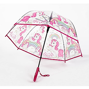 Wxjiahetai Kids Clear Bubble Umbrella Transparent Dome See Through Child Umbrellas for Rain Boys Girls with Pinch-Proof Closure and Easy-Grip Hook Handle(Clear Red Unicorn)