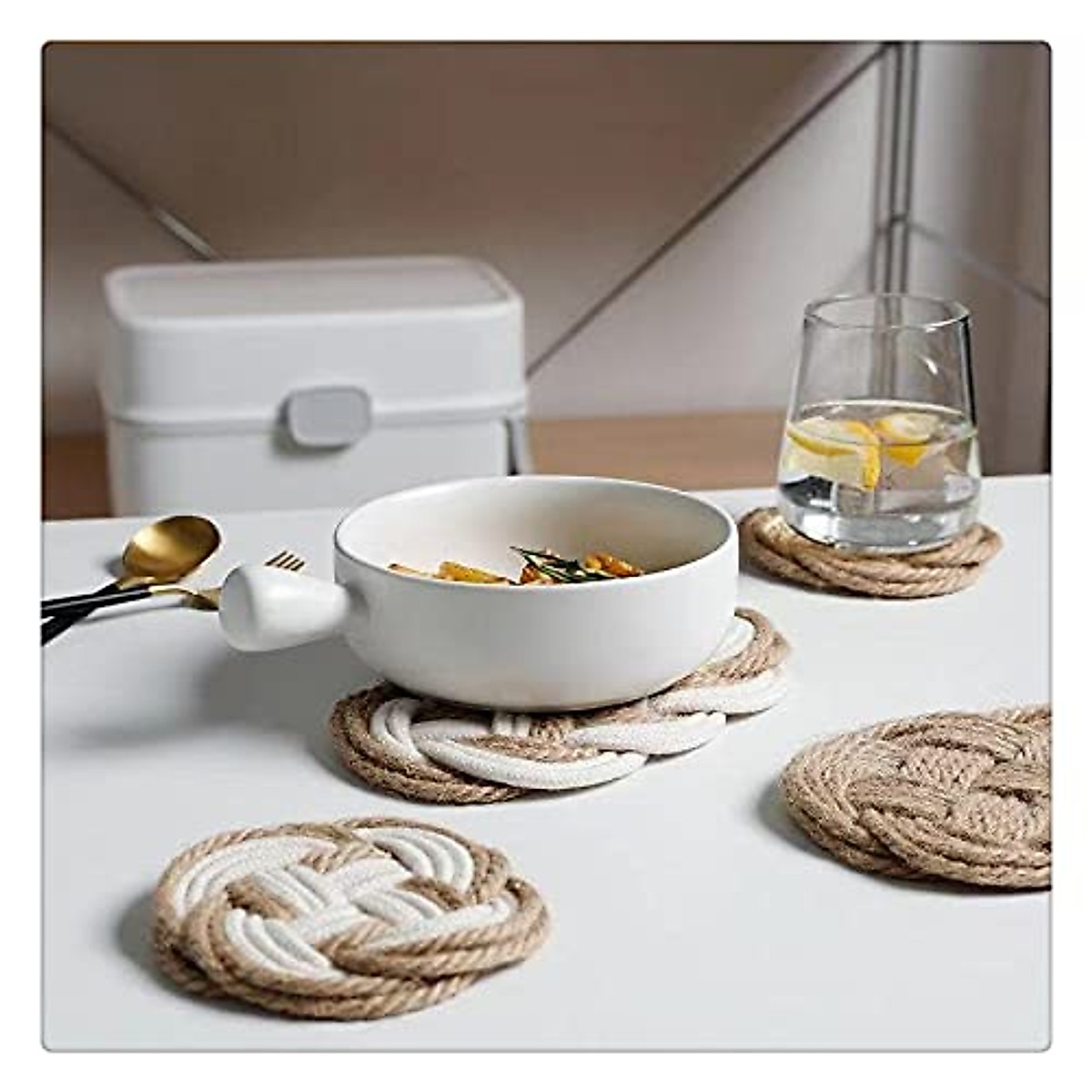 Gisela 2 Piece Set-Woven Cup Coasters Cotton Jute Round and Elliptical Rectangle Braided Table Mats for Drinks,Lunch Box,Heat-Resistant Reusable placemats for Home and Kitchen,Great Gift (Mixed)