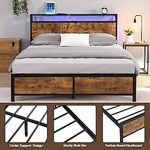 OTRIEK Industrial Queen Bed Frame with LED Lights & 2 USB Ports, Bed Frame Queen Size with Storage Under Bed & Wooden Headboard for Teens Adults Bedroom, Noise Free/No Box Spring Needed (Queen)