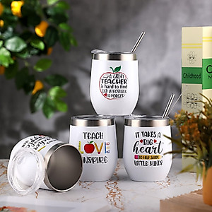 Censen 4 Pcs Teacher Appreciation Gifts Teacher Wine Tumbler with Lid and Straw Brush 12 oz Insulated Stainless Steel Teacher Tumbler Teacher Cup Women Teachers Gifts Wine Mug for Graduation Birthday