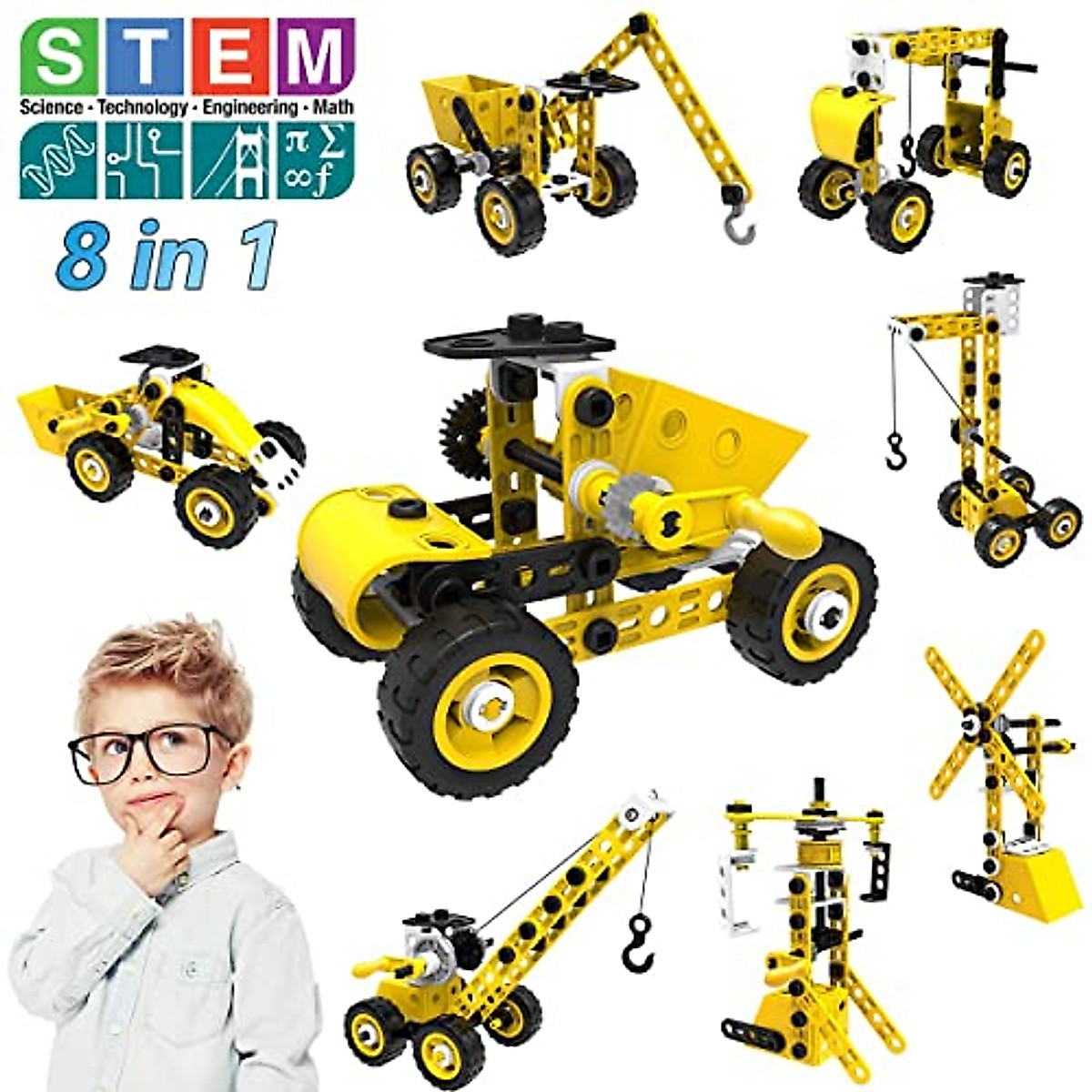 Pakoo 100 Pieces STEM Toys Building Toys, 8 in 1 Construction Toys for 5 6 7 8 9 10 + Year Old Boys&Girls, STEM Building Blocks with Screwdriver Wrench Tool, Creative Gift Engineering Toys for Kids