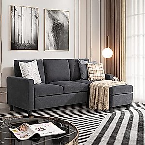 JY QAQA Convertible Sectional Sofa Couch with 3-Seat Sofa, L-Shaped Ottoman Couch with Modern Linen Fabric for Small Living Room, Apartment and Small Space (Dark Grey)