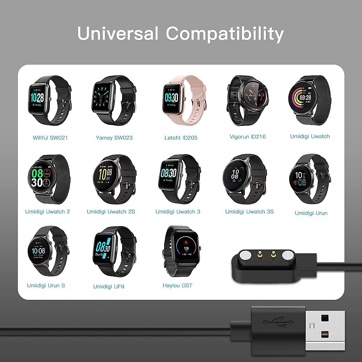 SENGKOB [2-Pack] 3.3FT Smart Watch Charger Magnetic USB Charging Cable for Letsfit Willful YAMAY VeryFitPro SW023 ID205L SW021 ID205U ID205S SW025 Uwatch 3S 3 2 2S