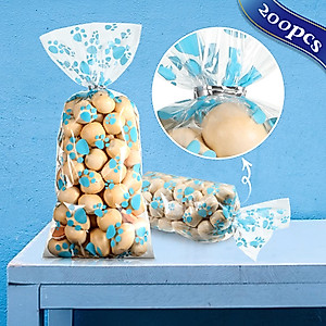 200 Pieces Pet Paw Print Cellophane Bags Dog Party Favor Bags Heat Sealable Treat Bags Dog Paw Gift Bags Cat Candy Bags with 200 Pieces Silver Twist Ties for Pet Treat Party Favor (Blue)