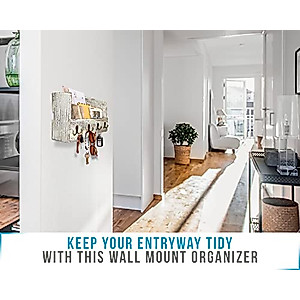 Comfify Wooden Wall Mount Mail Holder Organizer – Rustic Key Holder Organizer for Wall – Magazine Holder with 4 Double Key Hooks – Distressed White Rustic Wall Décor for Entryway