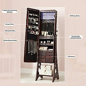 SONGMICS 8 LEDs Jewelry Cabinet Armoire with Beveled Edge Mirror, Gorgeous Jewelry Organizer Large Capacity Brown Patented UJJC89K