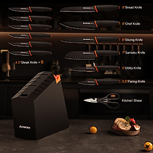 Knife Set, Astercook 15 Pcs Dishwasher Safe Kitchen Knife Set with Built-in Sharpener, High Carbon German Stainless Steel Black Knife Block Set
