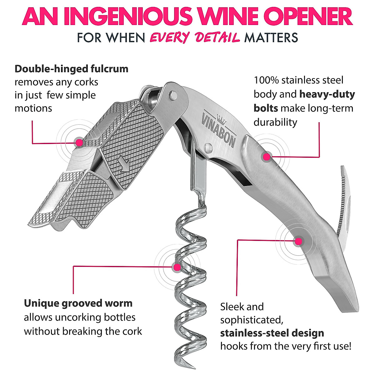 VINABON Waiters Corkscrew Wine Opener - Professional Quality 3-in-1 Stainless Steel Wine Key with Beer Opener for Servers and Bartenders - Manual Simple Wine Bottle Opener. Includes WineGuide Ebook