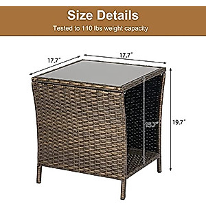 J-SUN-7 Patio Square Wicker Side Table - Set of 2 Outdoor Tempered Glass Top End Table with Storage for Patio Courtyard Balcony (Brown)