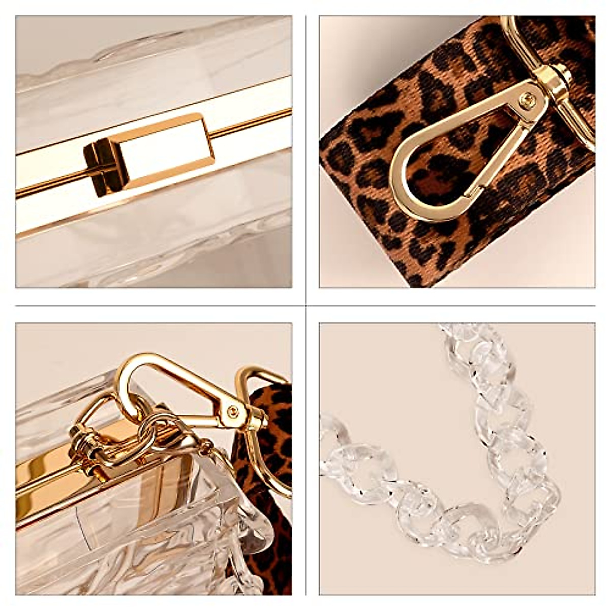 DODAMOUR Transparent Acrylic Shoulder Bag, Clear Crossbody Clutch Purse, Women Evening Clutch Bag (Leopard print chain)