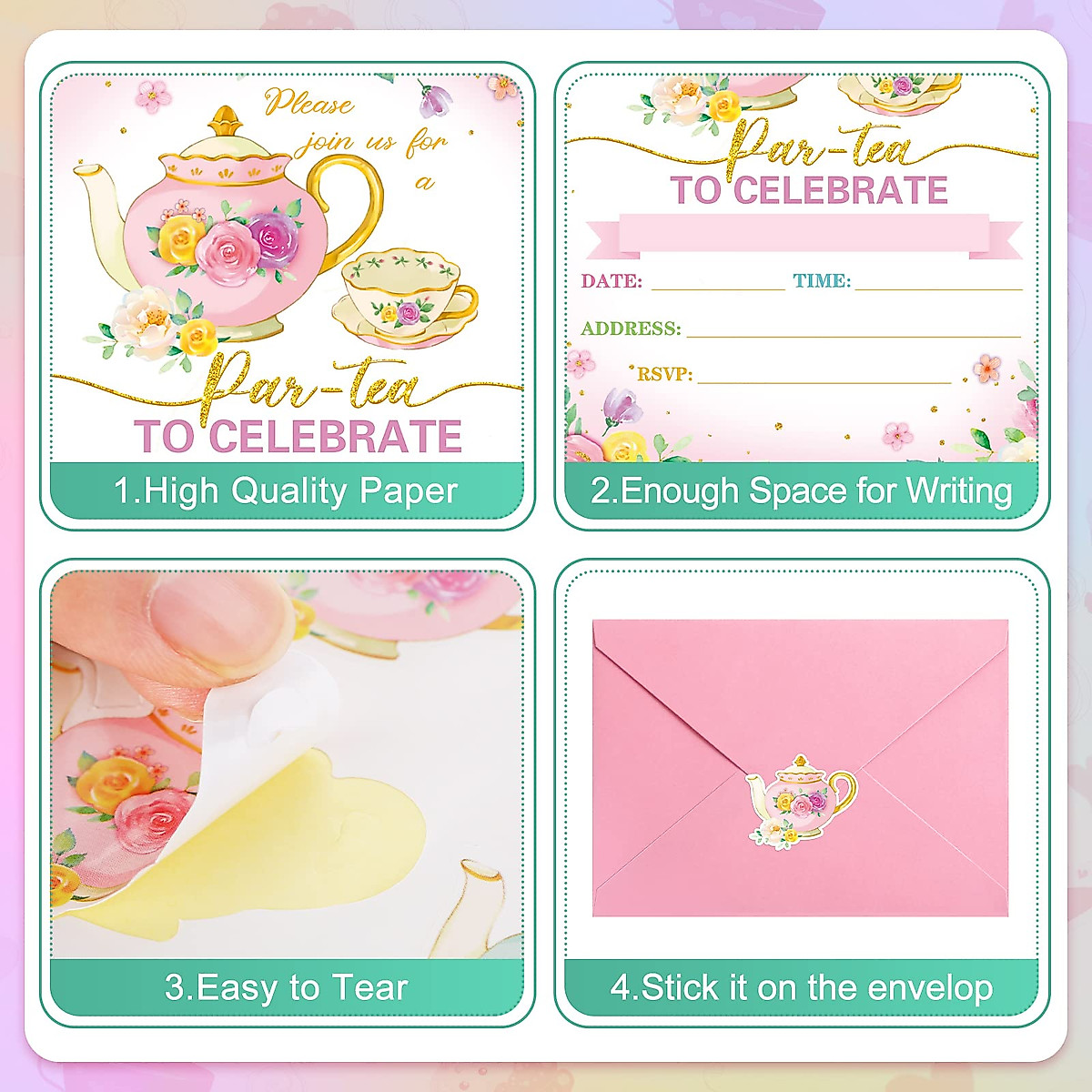 24 Pcs Tea Party Invitation Cards With Envelopes And Stickers, Little Girl Garden Tea Cup Time Bridal or Baby Shower Invite, High Tea Themed Ladies Event Ideas, Printed or Fill in The Blank Card