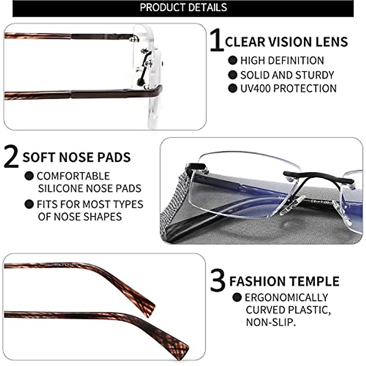 JJWELL 3 Pack Reading Glasses for Men Blue Light Blocking, Lightweight Rimless Metal Mens Eyeglasses Readers, Anti Eyestrain/Dryness/Computer Glare/UV 400, Spring Hinge Eyeglasses(175 Strength)