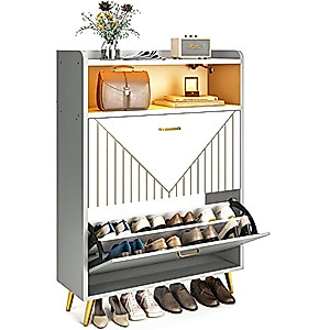 Aheaplus Shoe Cabinet with Flip Doors, Shoes Storage Organizer with Motion Sensor Led Light, Entryway Wood Freestanding Tipping Bucket Shoe Rack with Open Shelves for Closet,Living Room, Grey&White