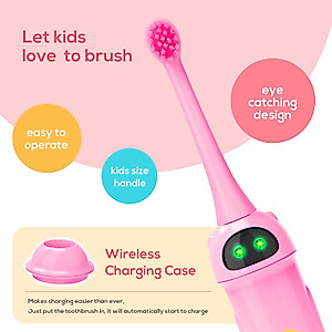 Elifloss Kids Electric Toothbrushes, 2 Modes with Memory, 2 Min Timer, Fun&Easy Clean, IPX7 Waterproof Rechargeable Kids Toothbrush for Age 3-12 with 3 Dupont Soft Bristles, Pink