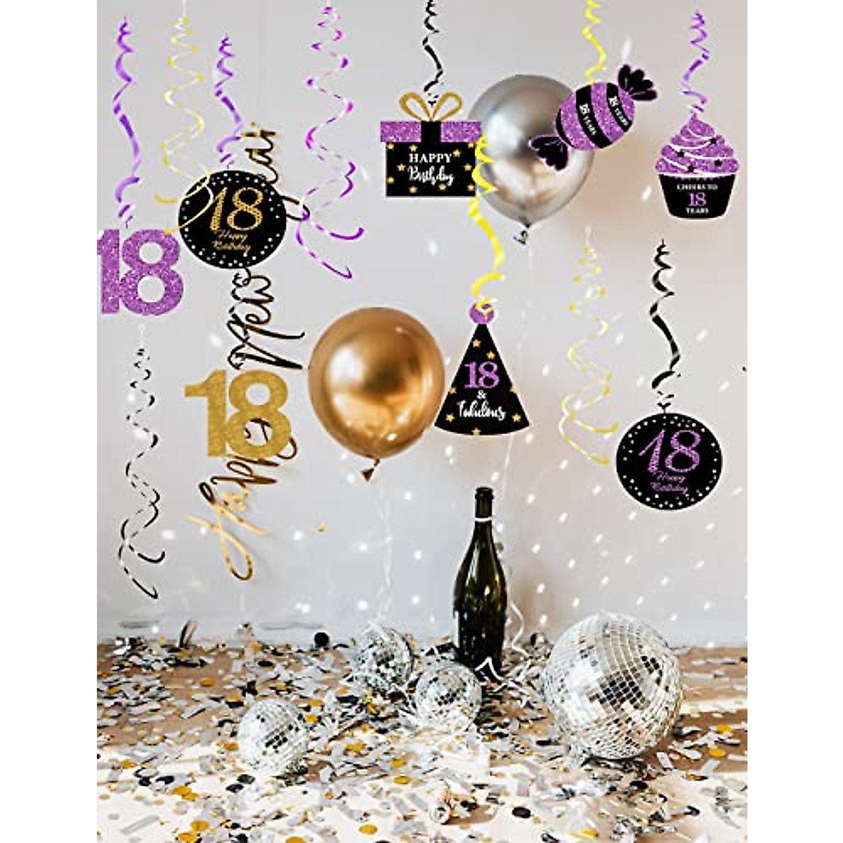 18th Birthday Decorations for Girls Purple Black Gold Girl 18th Birthday Party Hanging Decor/Purple Gold Black Foil Hanging Swirls Girl 18th Birthday Party Decoration Swirls